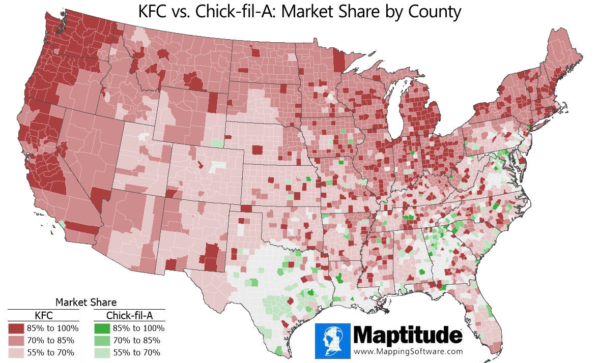 Maptitude Map Brand Market Share KFC Vs Chick fil A Maptitude Map Brand Market Share KFC Vs Chick fil A