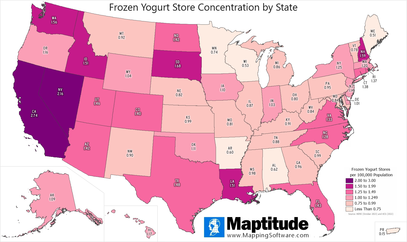 Maptitude Map: Concentration of Frozen Yogurt Stores